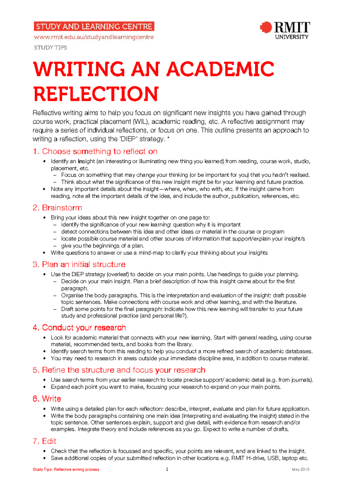 DIEP - Academic Reflection Writing Strategy Guide - Studocu