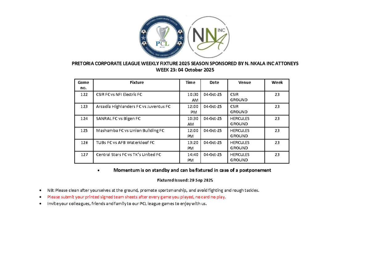 PCL Weekly Fixture 2025: Week 23 Matches & Schedule - Studocu