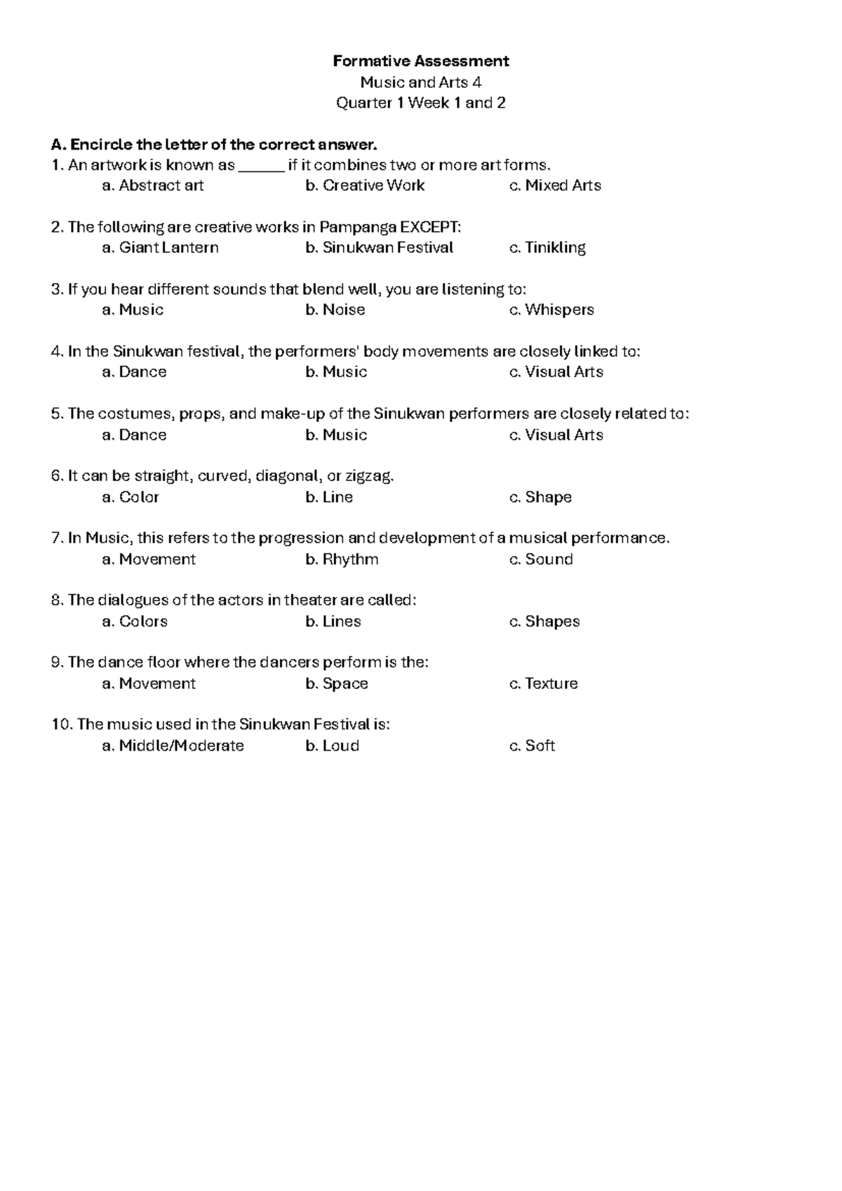 FA MAPEH 4 Q1 W1-8: Formative Assessments in Music & PE - Studocu