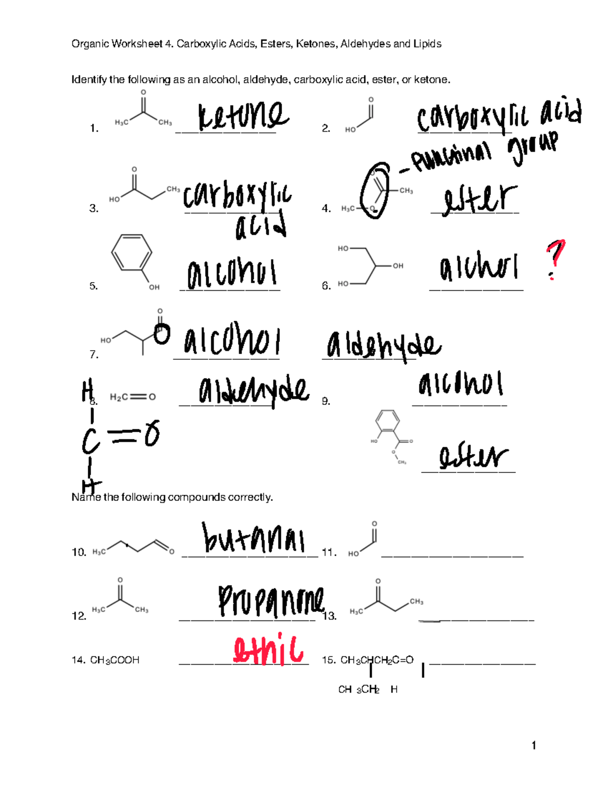 Organic Worksheet 4: Aldehydes, Ketones & Carboxylic Acids - Studocu