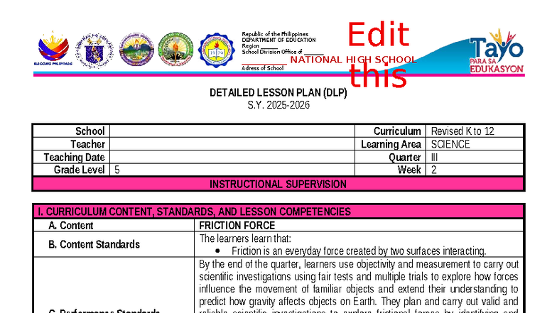 DLP Q3 G5 W3: Understanding Friction Forces in Science - Studocu