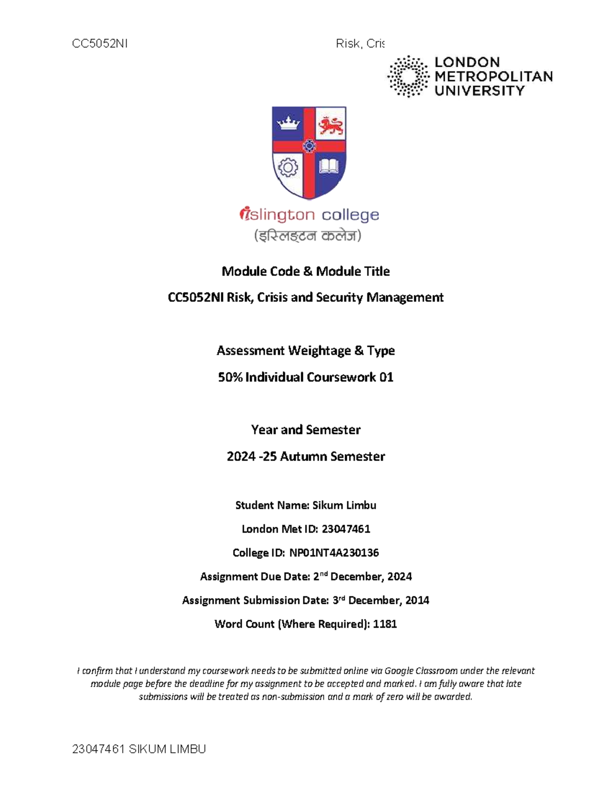 CC5052NI Risk Management: Insights on Crisis and Security Strategies ...