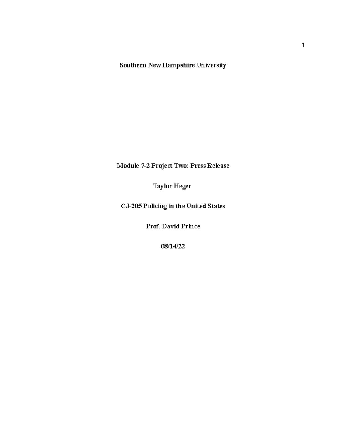 CJ 205 Mod 7 Project 2: Press Release on Fatal Vehicle Crash - Studocu