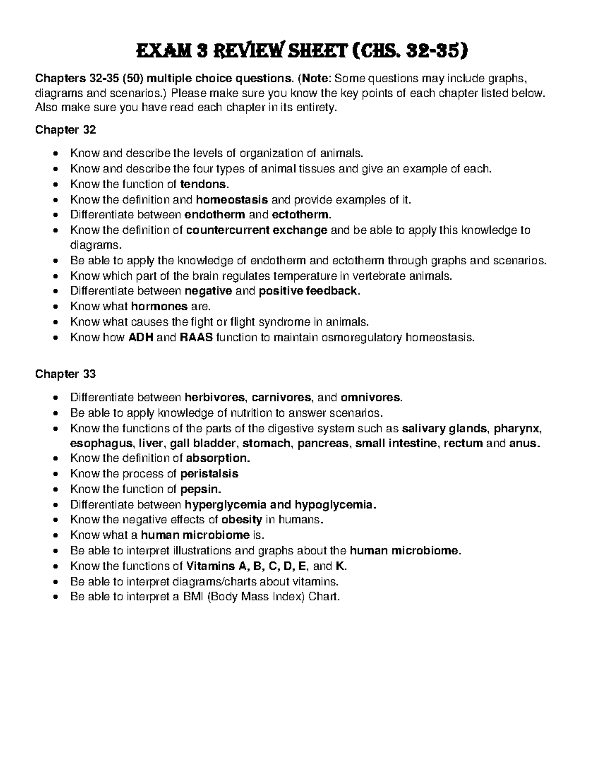 Exam 3 Review Sheet (Bio 101): Chapters 32-35 Overview and Key Points ...