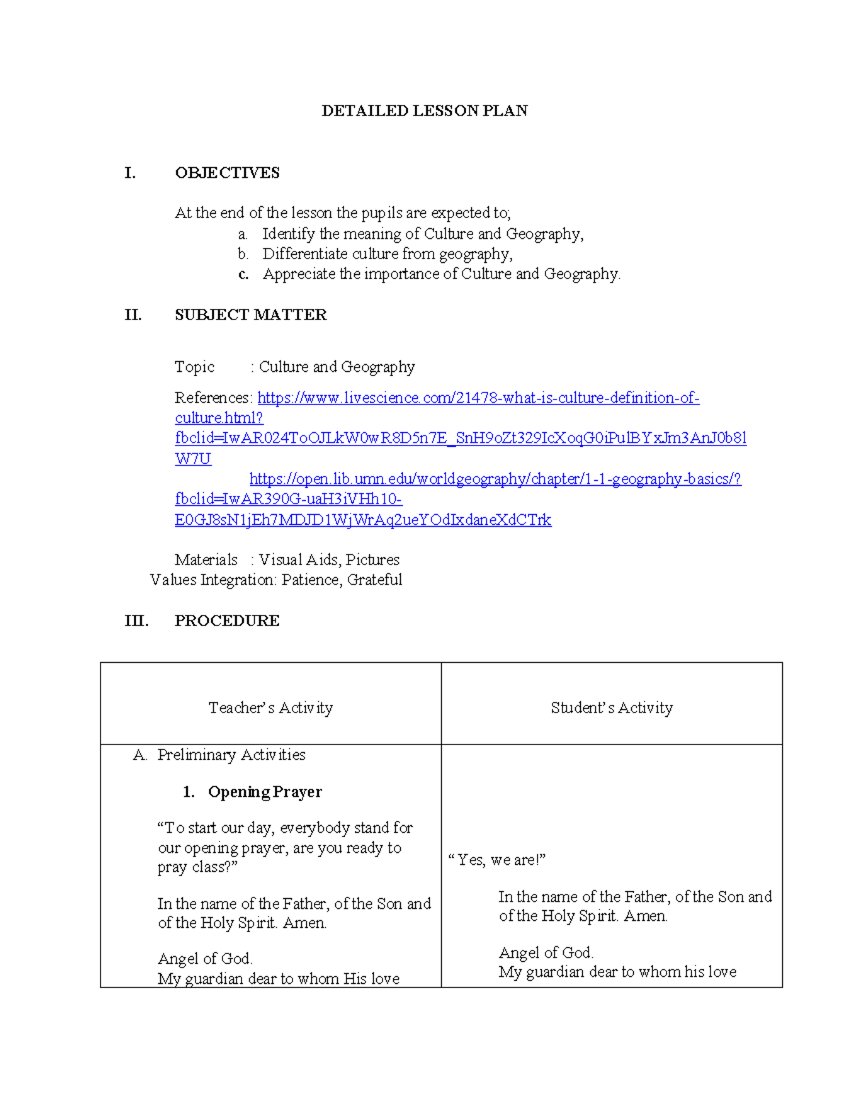 Detailed Lesson Plan: Culture and Geography (DG 101) - Studocu