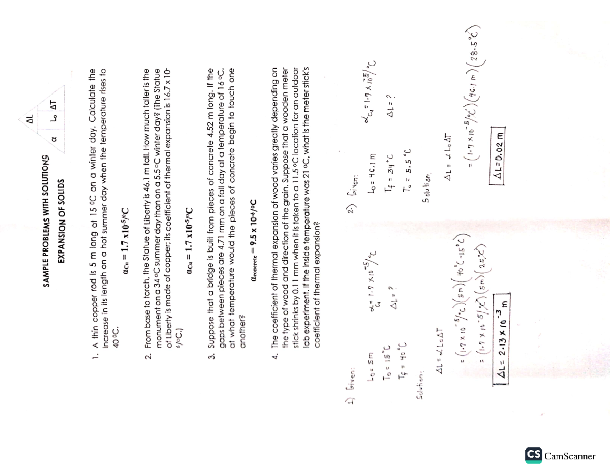 Exp of solids exercise - Practice problem - AL SAMPLE PROBLEMS WITH SOLUTIONS aLAT EXPANSION OF ...