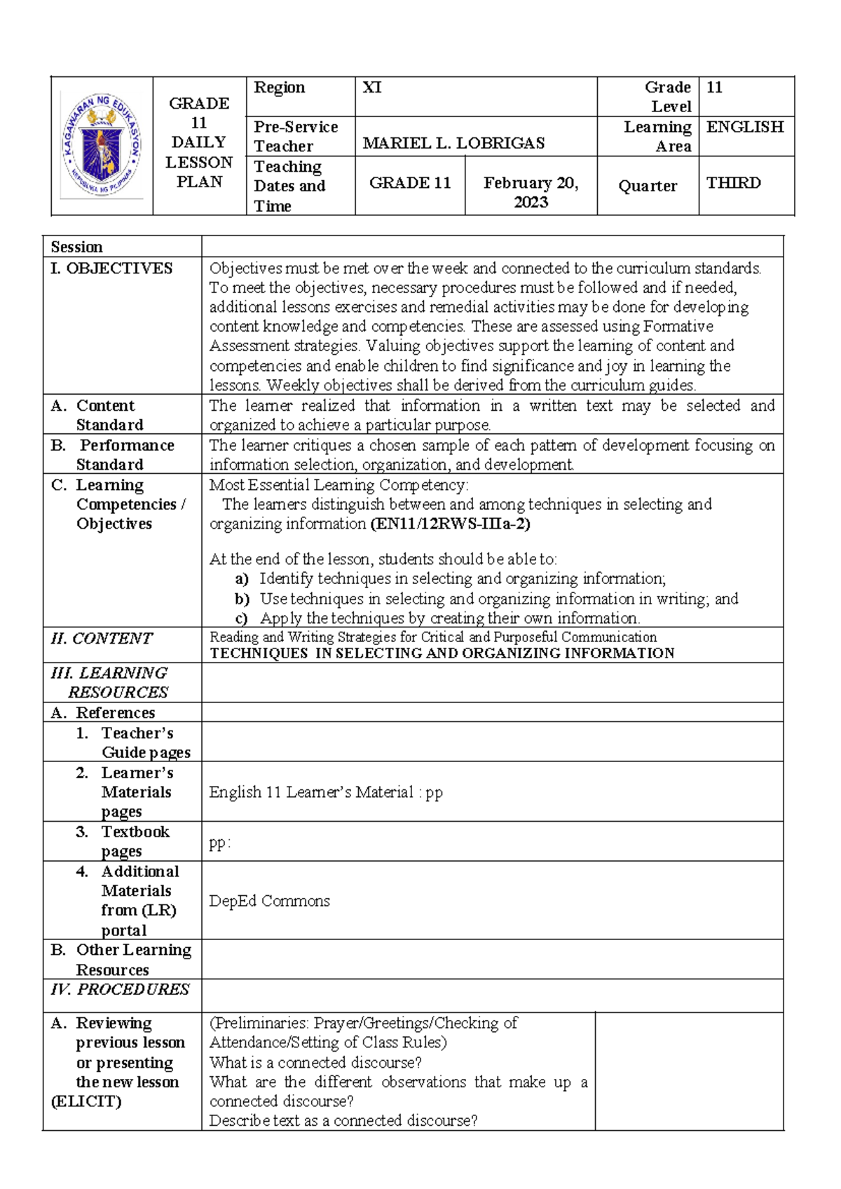 GRADE 11 ENGLISH DAILY LESSON PLAN - WEEK 1.2 - Studocu