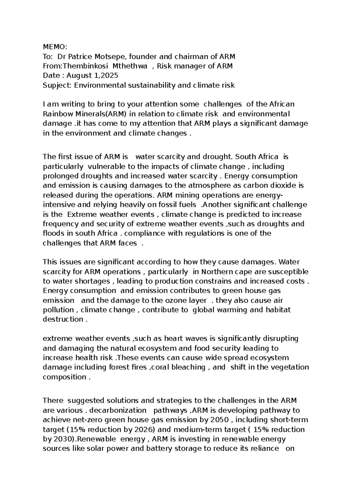 Final Memo: Climate Risk & Sustainability Challenges at ARM - Studocu