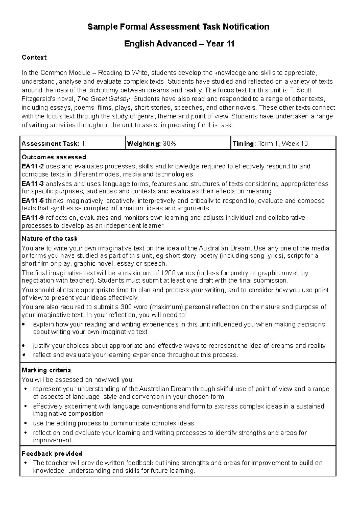 English advanced year 11 reading to write sample assessment task ...