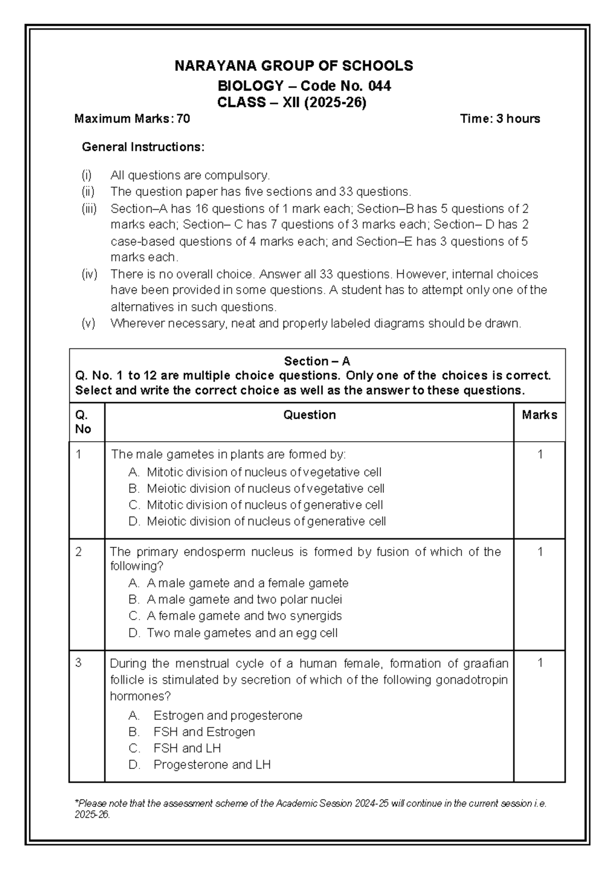 XII Sample Paper: Biology Exam Code No. 044 - Max Marks: 70 - Studocu
