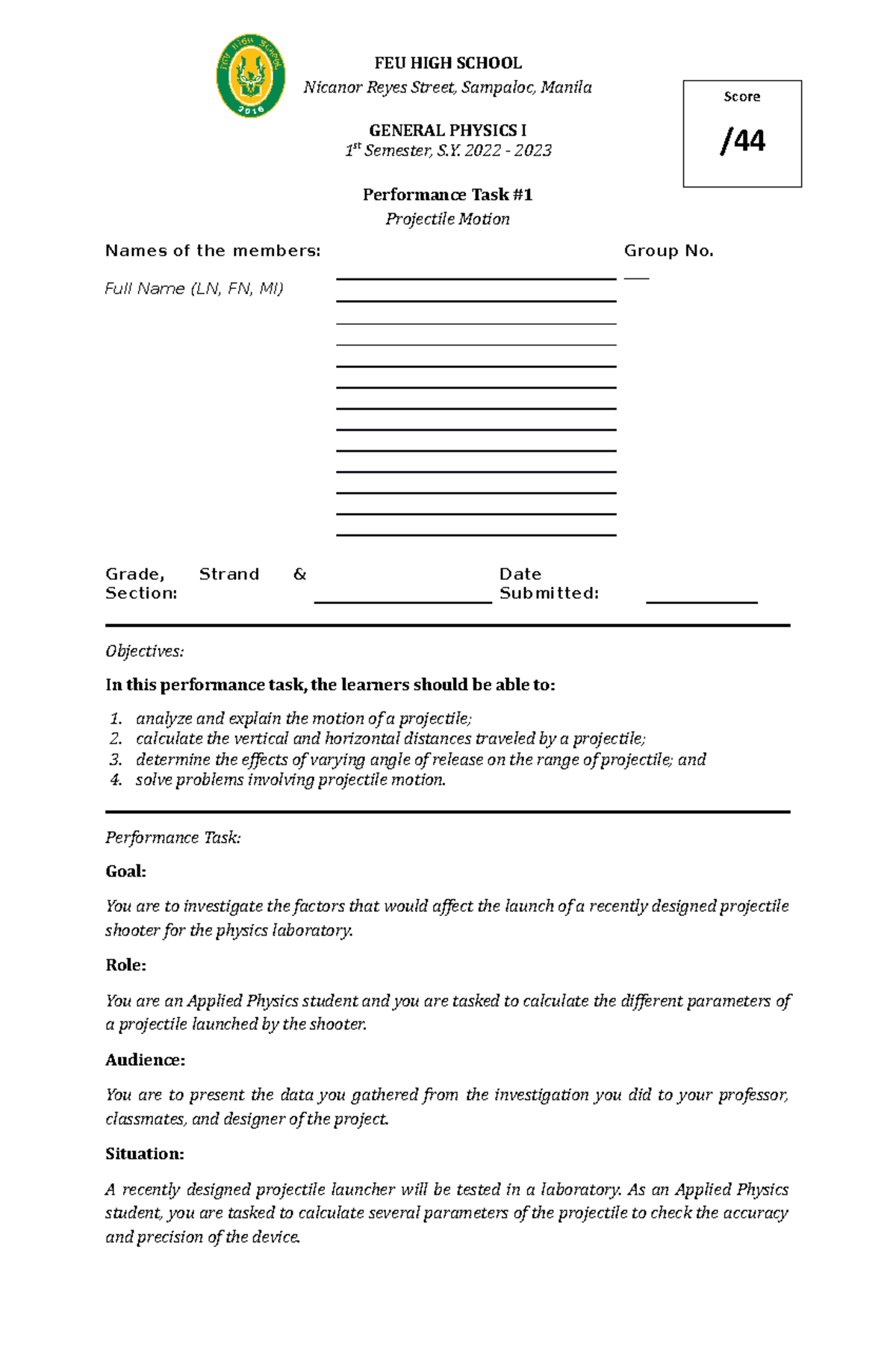 PETA 1 - Projectile Motion Performance Task - Group Investigation - Studocu