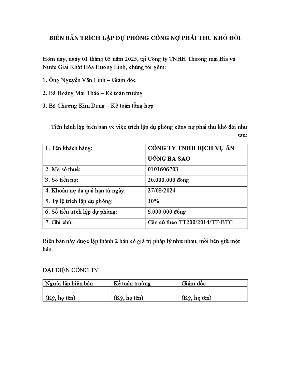 BIÊN BẢN TRÍCH LẬP DỰ PHÒNG NỢ PHẢI THU KHÓ ĐÒI - Studocu
