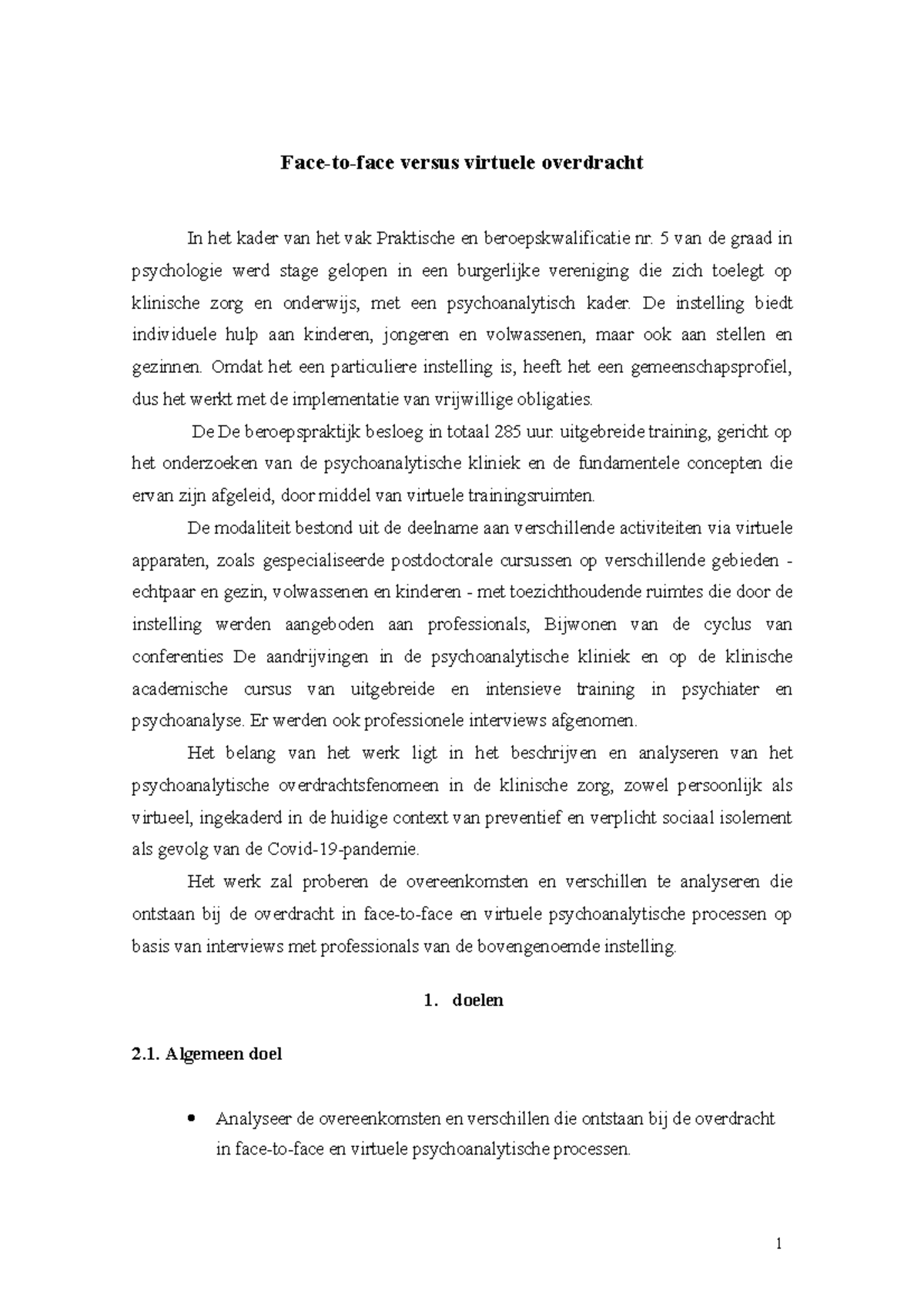 Analyse van Overdracht in Face-to-Face versus Virtuele Psychoanalyse (P ...
