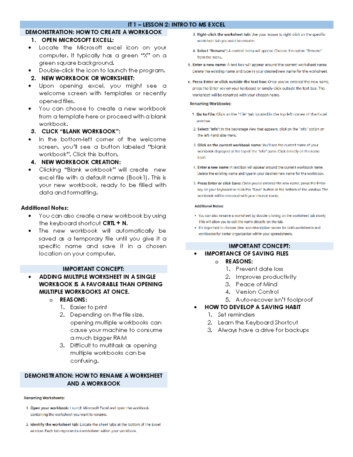 IT1 - Lesson 2 - BSA Minor: Intro to MS Excel Lecture Notes - Studocu