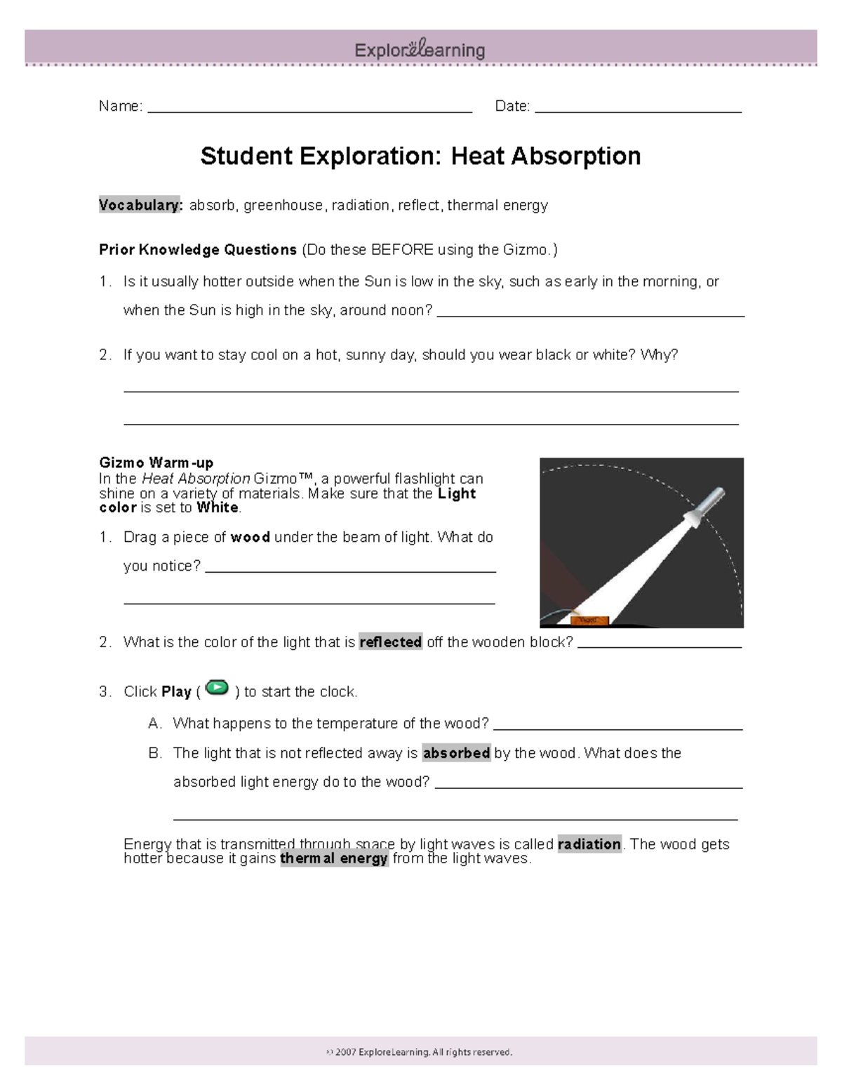 Feel the heat gizmo answer key - Name: Date: Student Exploration: Heat ...
