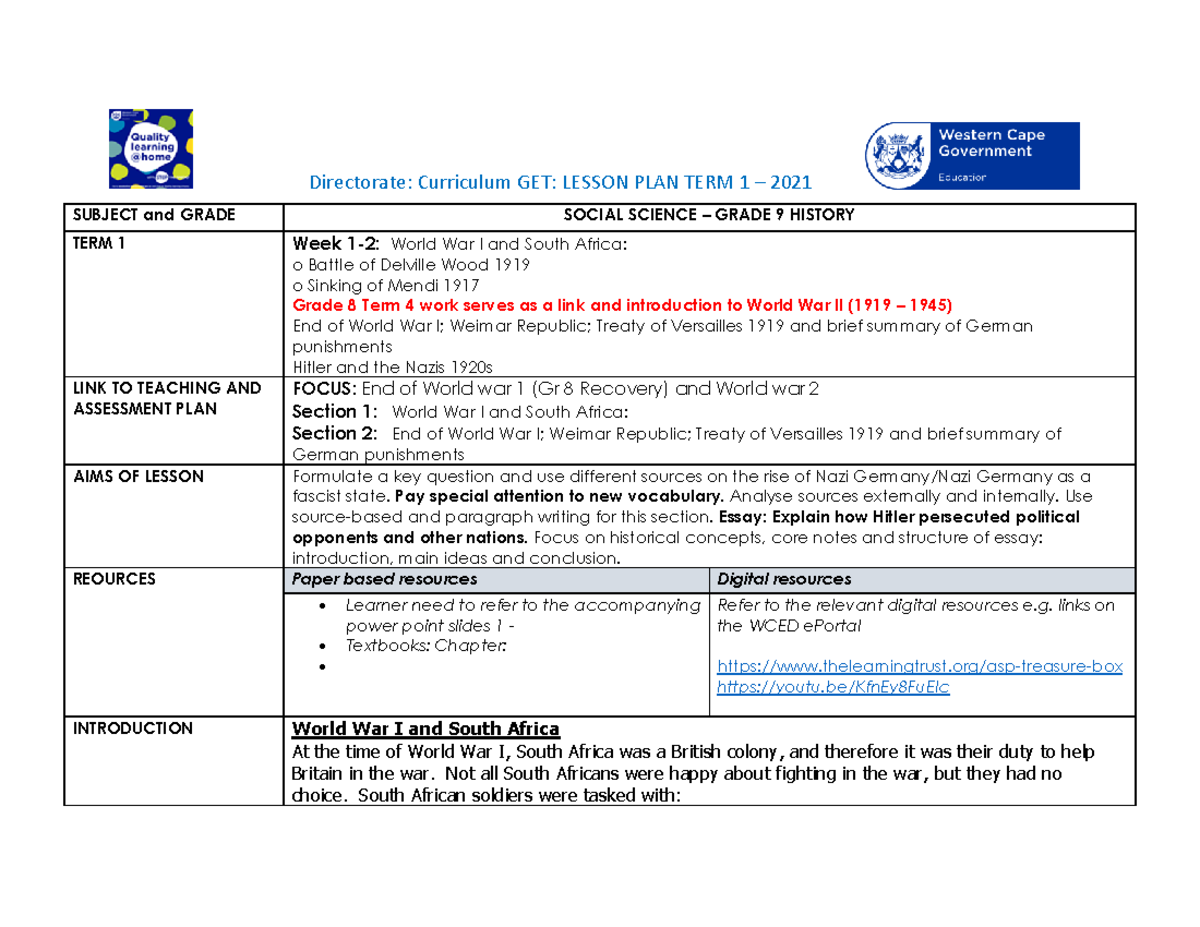 Lesson Plan SP Grade 9 SS History T1 W1: World War I Insights - Studocu