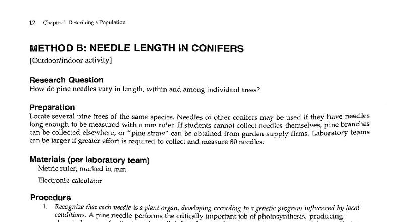 Lab 1: Method B - Measuring Needle Length in Conifers (Chapter 1) - Studocu