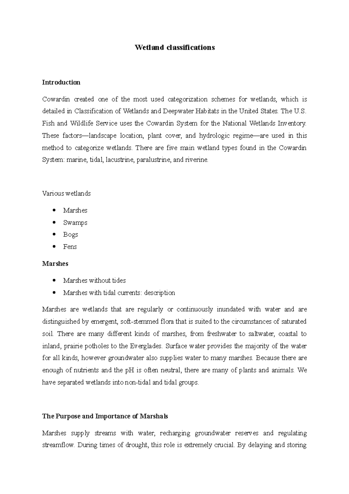 Summary - task of summarizing the courses. - Wetland classifications ...