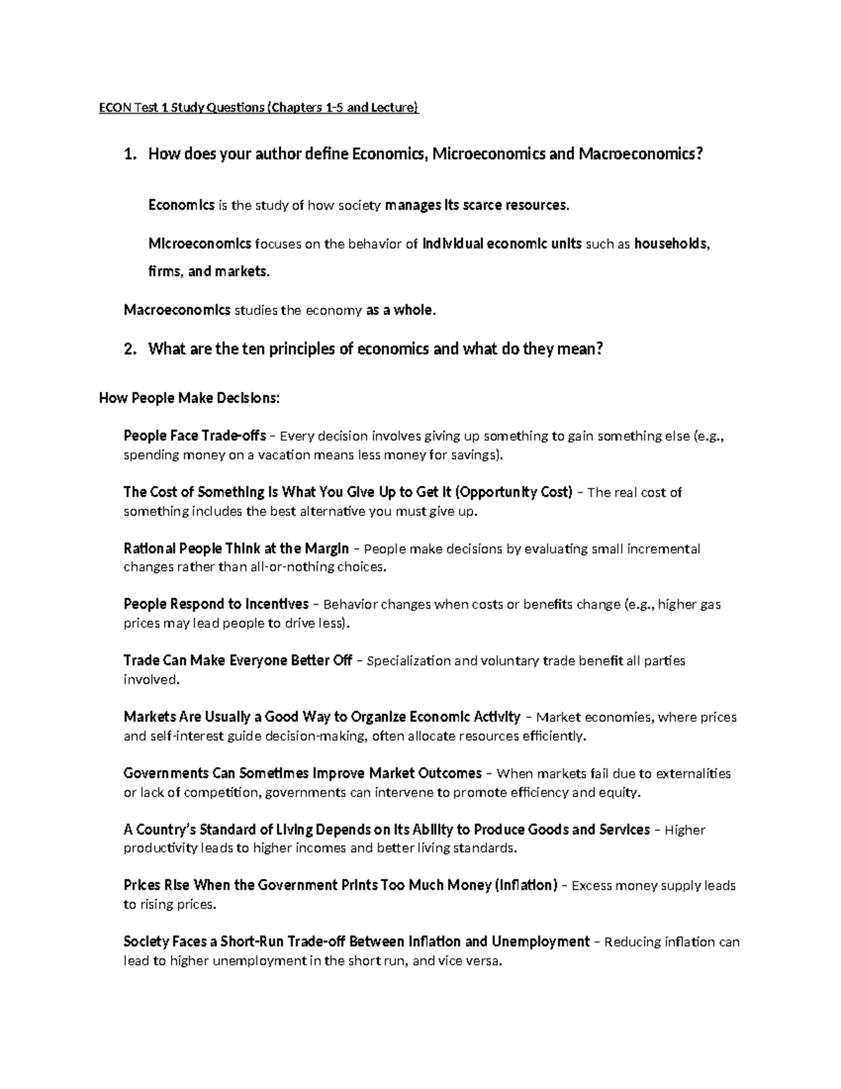 ECON 101 Midterm Study Guide: Key Concepts from Chapters 1-9 - ECON ...