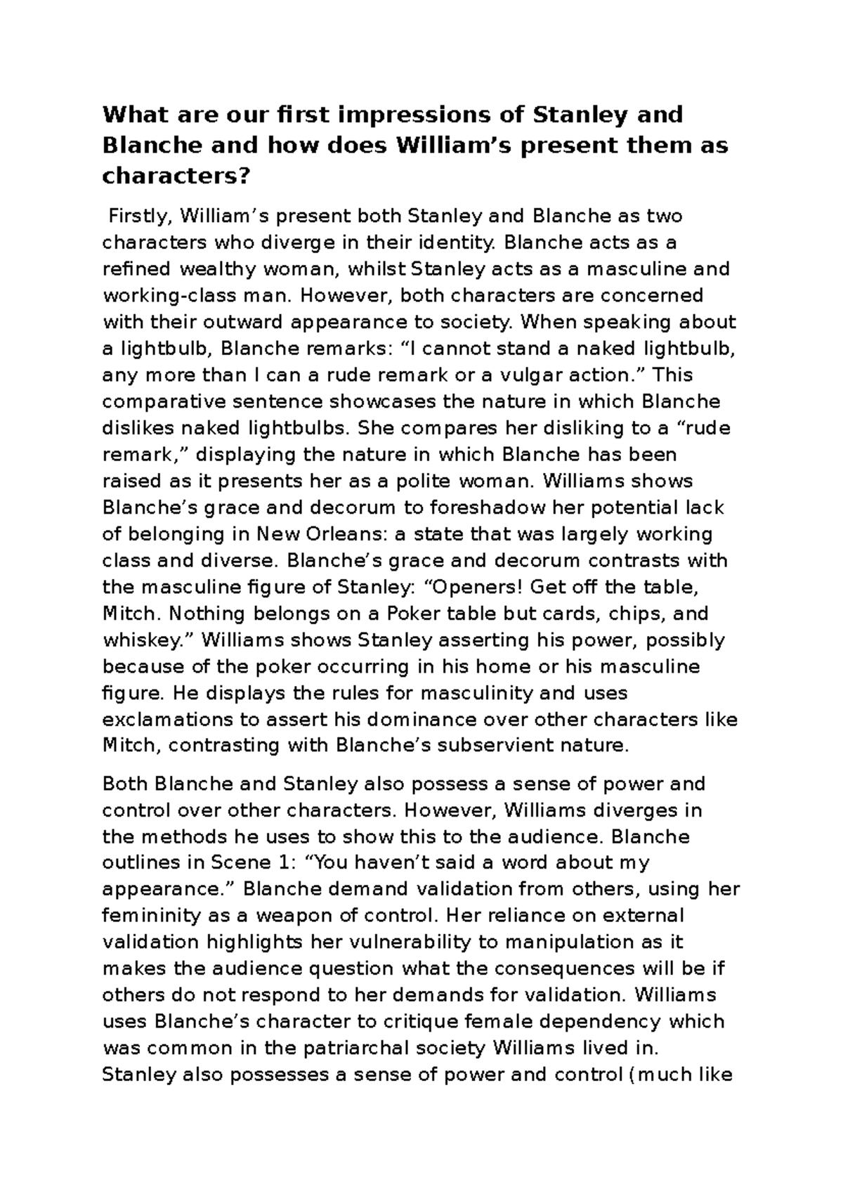 First Impressions of Stanley and Blanche: Character Analysis Essay ...