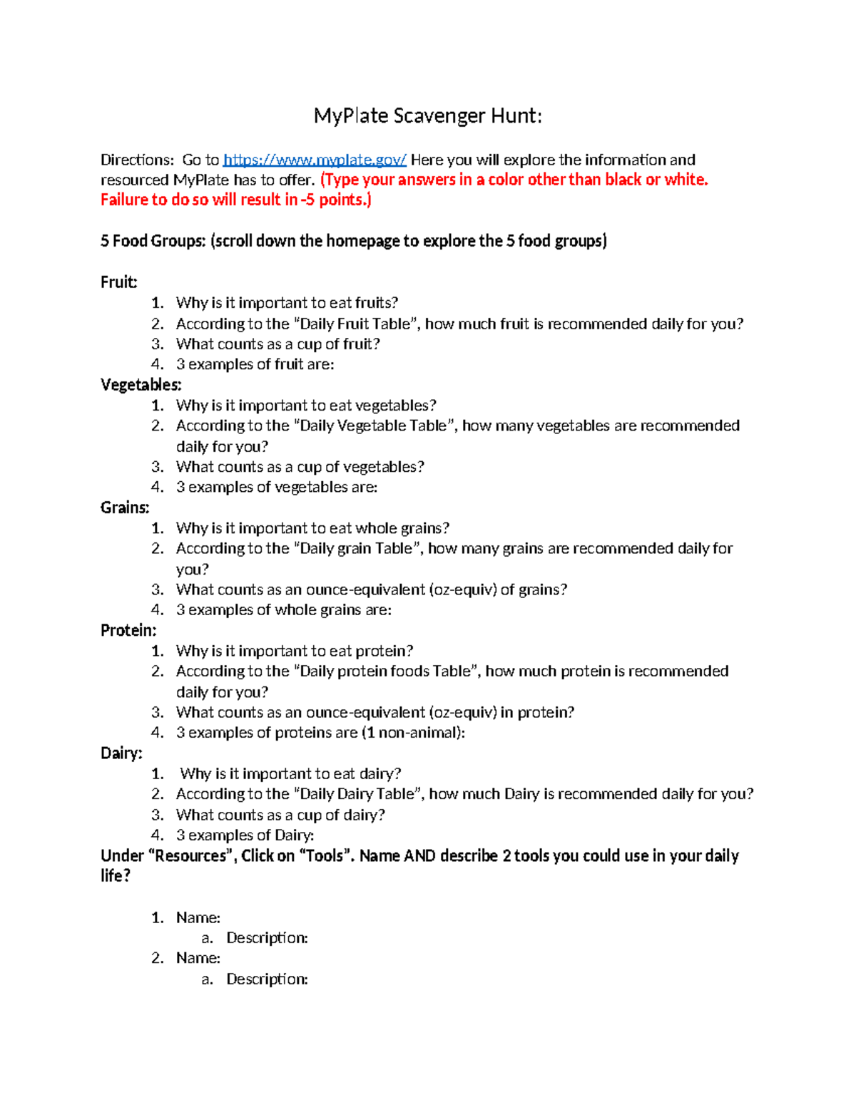 My Plate Scavenger Hunt - MyPlate Scavenger Hunt: Directions: Go to ...