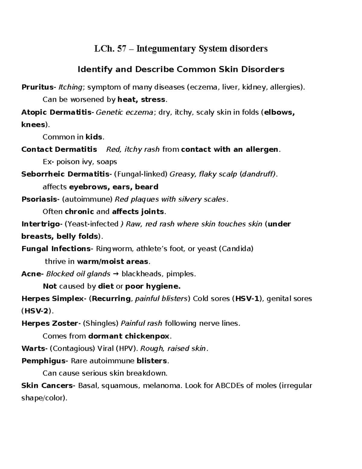 LCh. 57 Integumentary System Disorders: Common Skin Conditions ...