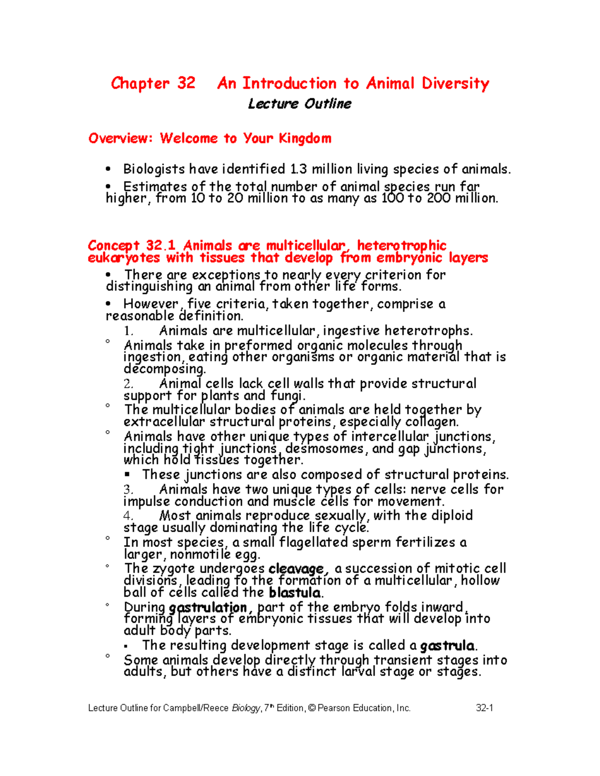 Chapter 32 - Introduction to Animal Diversity - Chapter 32 An ...