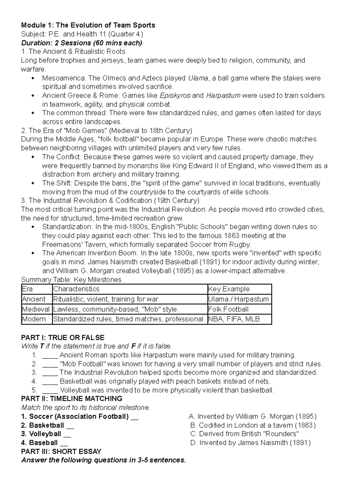 P.E. and Health 11: Module 1 - Evolution of Team Sports (Q4) - Studocu