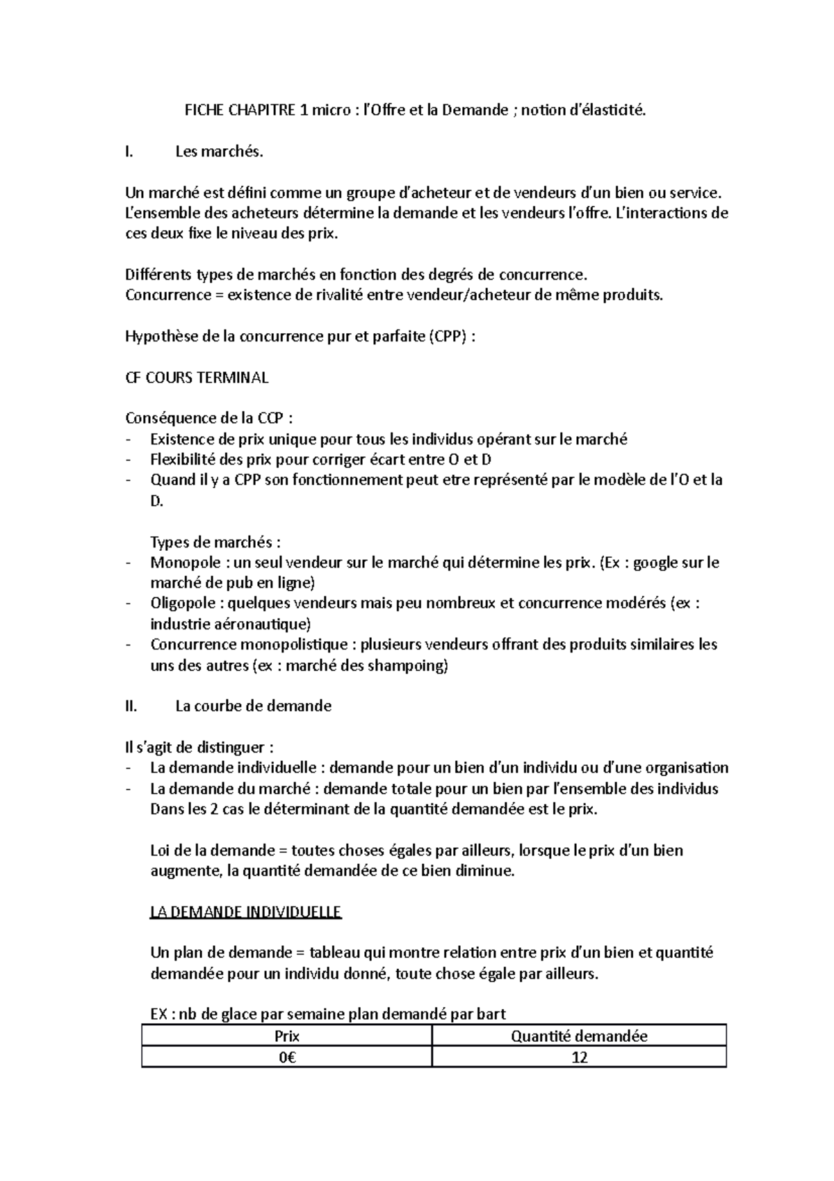 Fiche Chapitre 1 micro - FICHE CHAPITRE 1 micro : l’Offre et la Demande ...