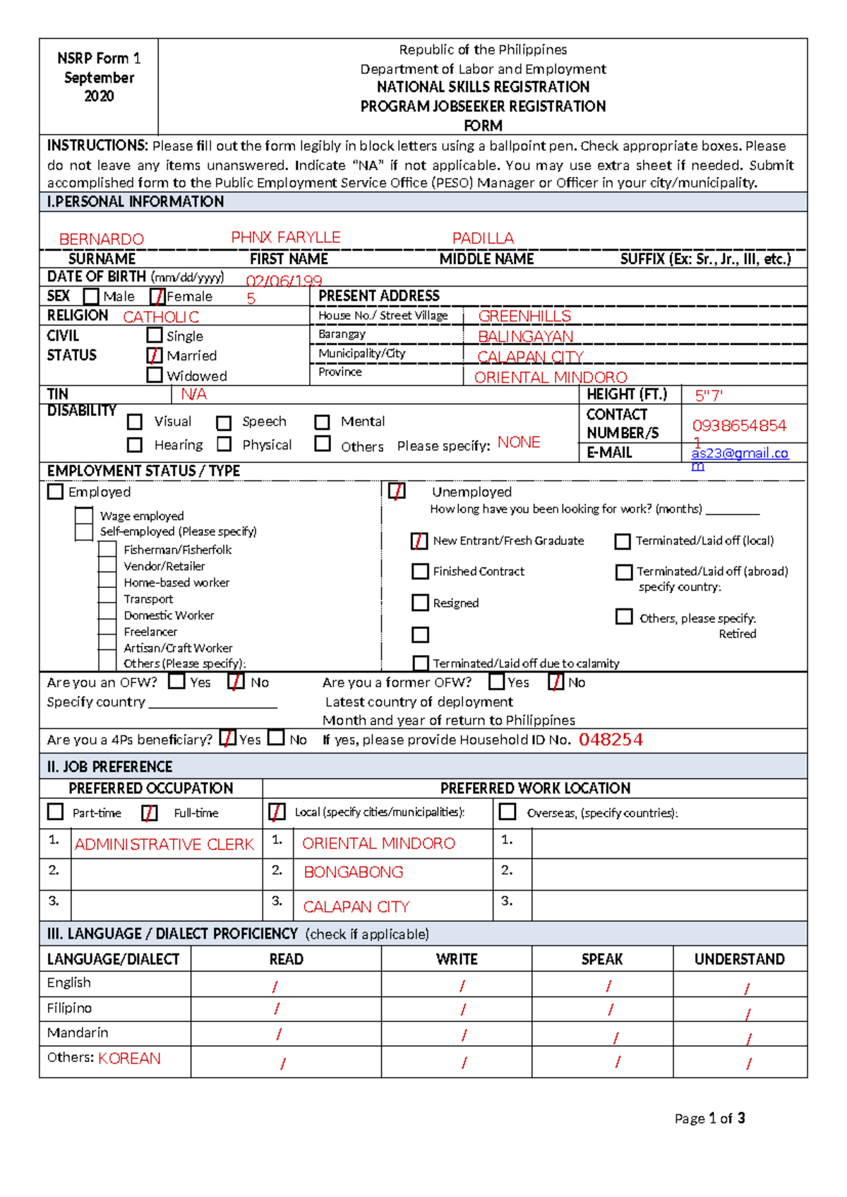 NSRP Registration Form 1 for Jobseeker - Philippines 2020 - Studocu