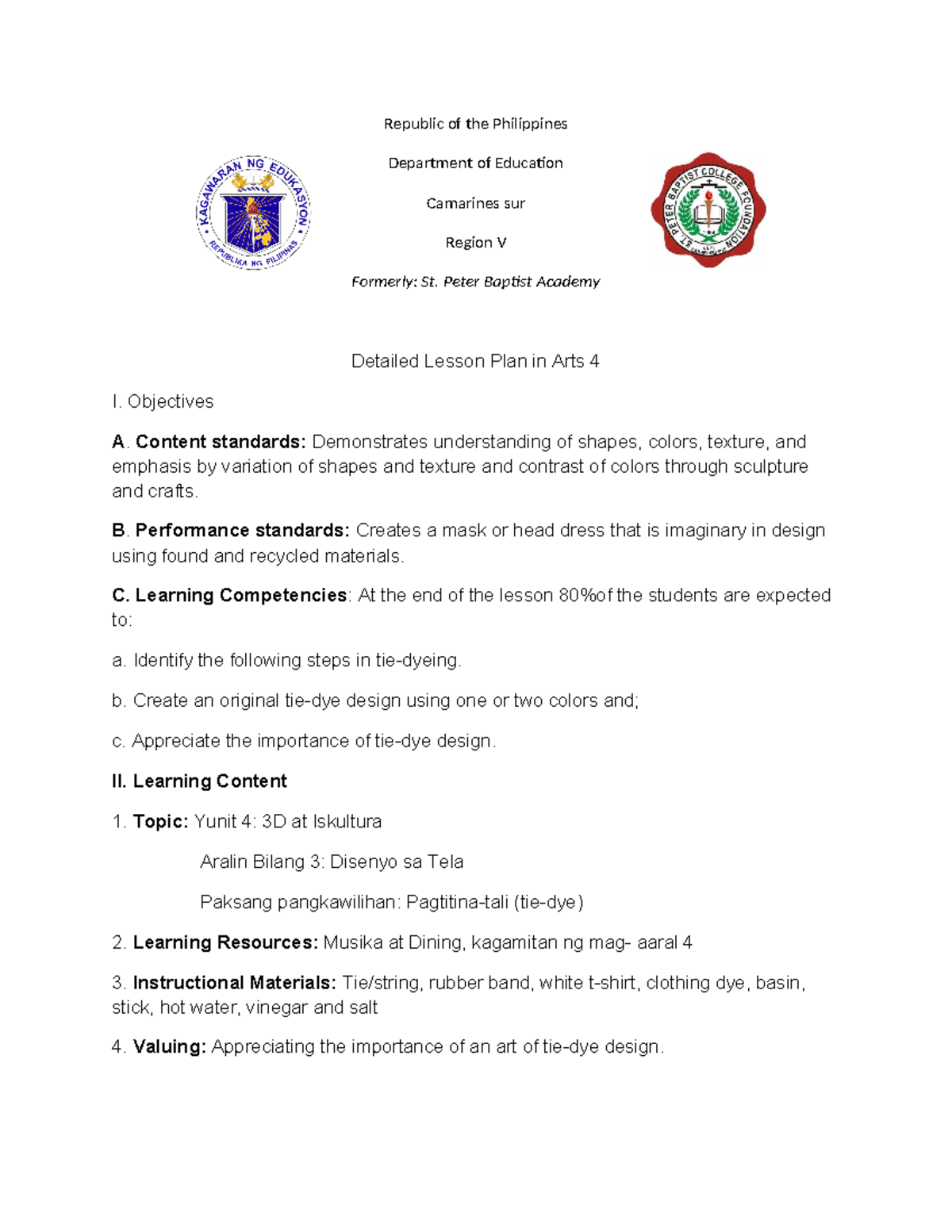 Detailed Lesson Plan in Arts 4: Tie-Dye Techniques and Activities - Studocu