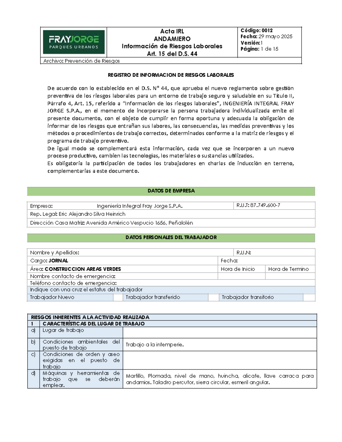 Acta de Prevención de Riesgos Laborales - Código 0012 - Studocu