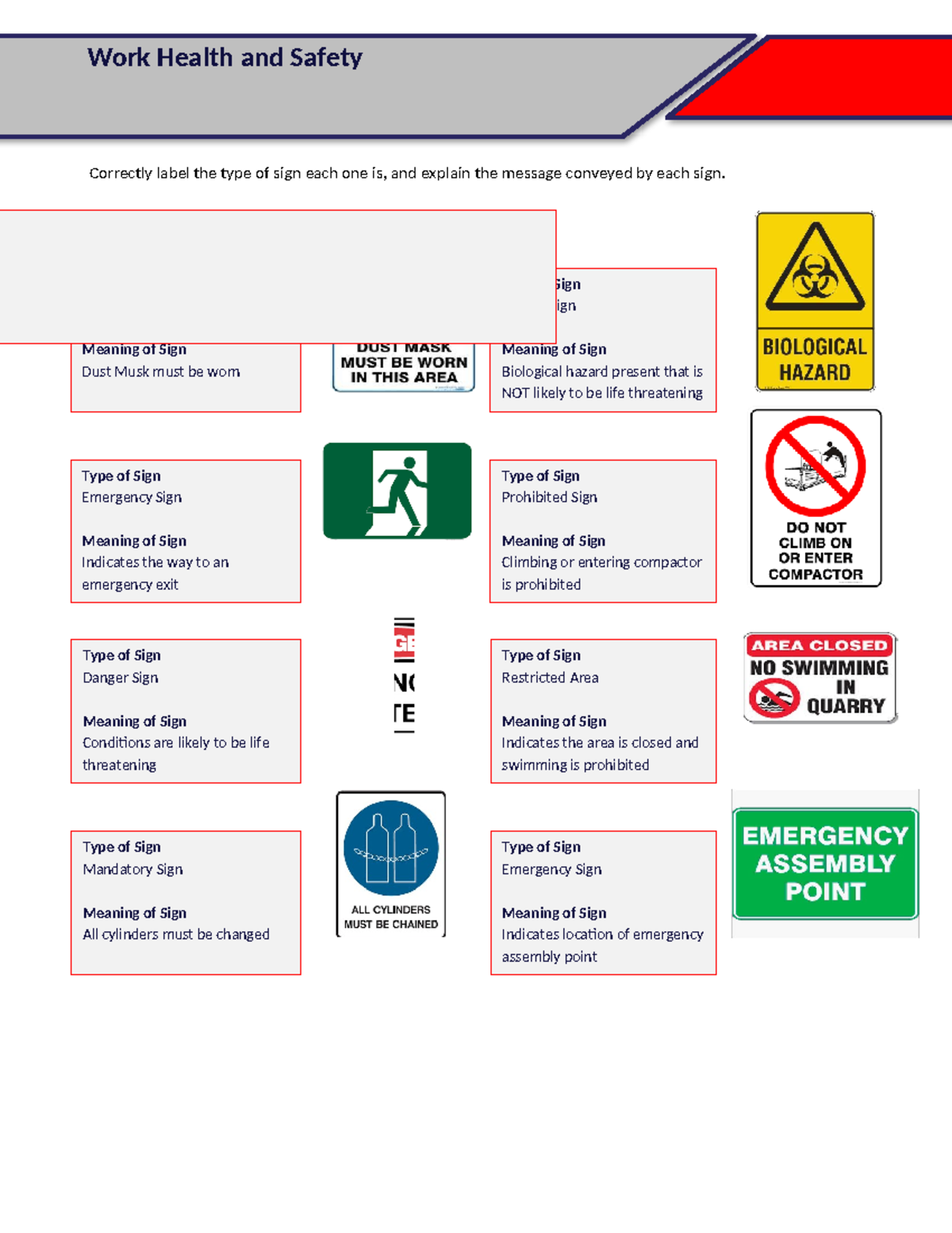 Work Health and Safety (WHS) - Correctly label the type of sign each ...
