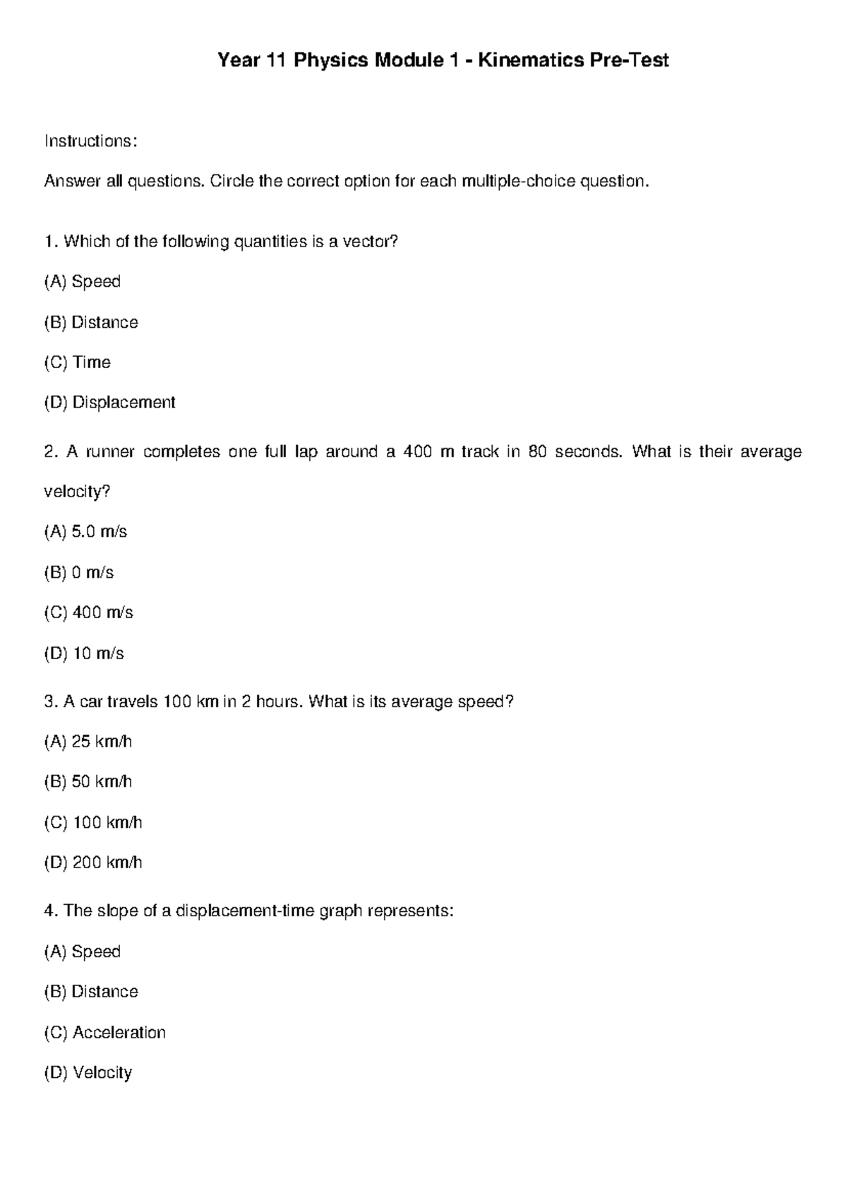 Year 11 Physics Module 1 Kinematics Pre Test Questions - Studocu