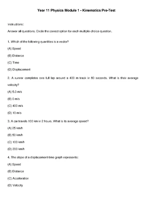 Year 11 Physics Module 1 Kinematics Test 2 Questions - Studocu