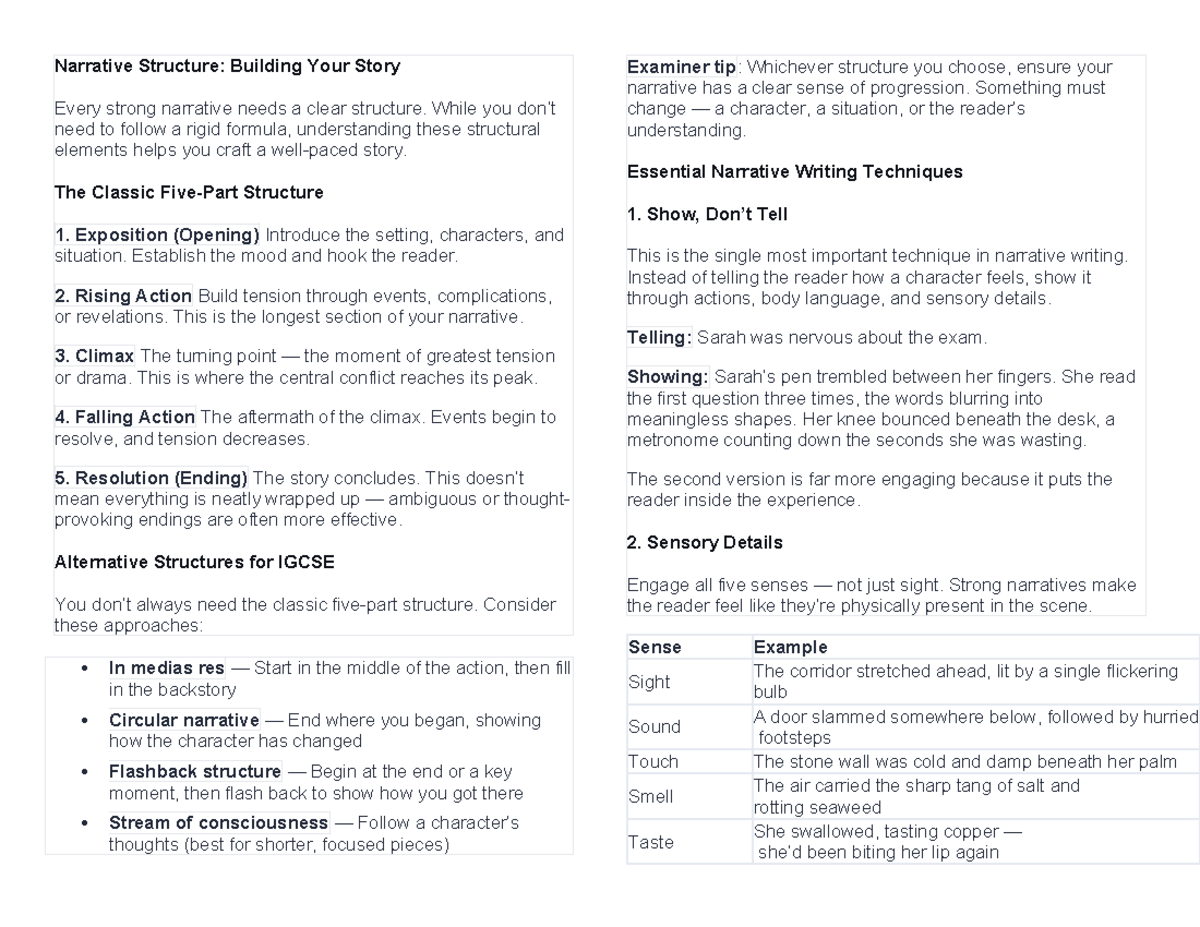IGCSE Narrative Structure: Crafting Your Story Effectively - Studocu