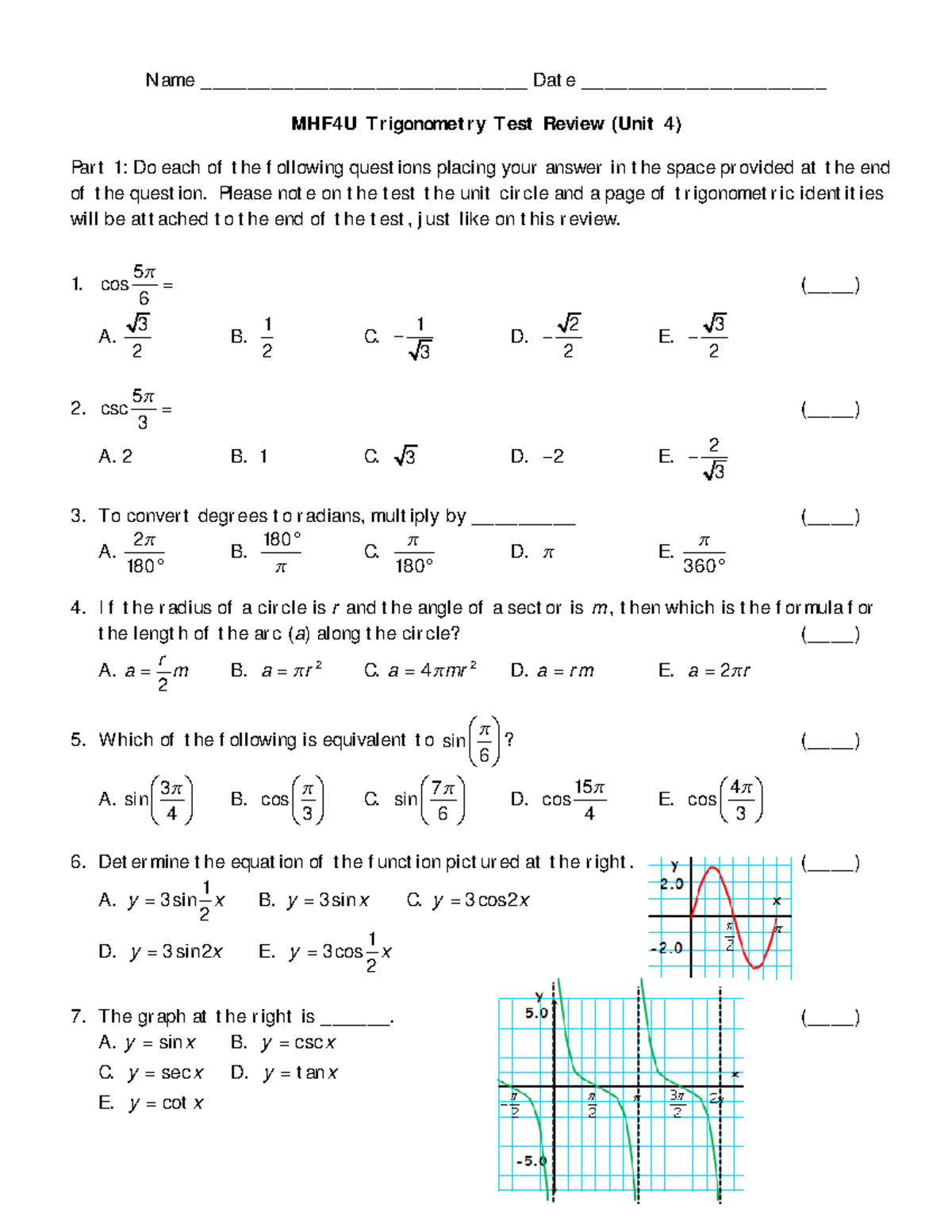 MHF4U Unit 4 Trigonometry Test Review and Practice Guide - Studocu
