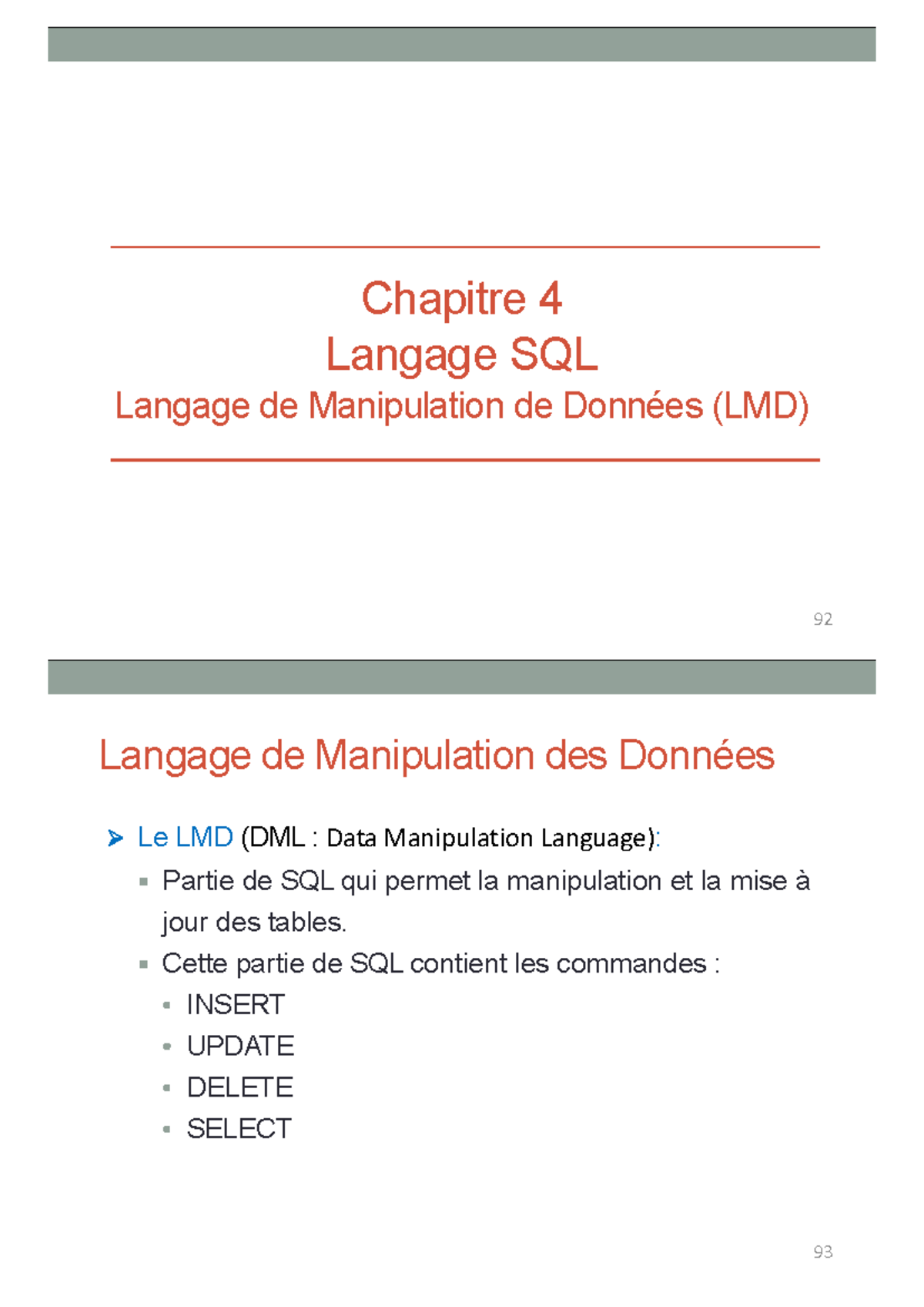 Cours BD - Chapitre 4 : Langage SQL et Manipulation des Données - Studocu