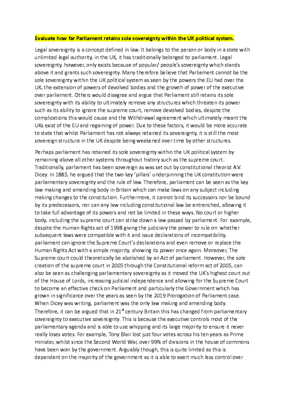 Evaluating UK Parliament's Sovereignty: An Essay Analysis - Studocu
