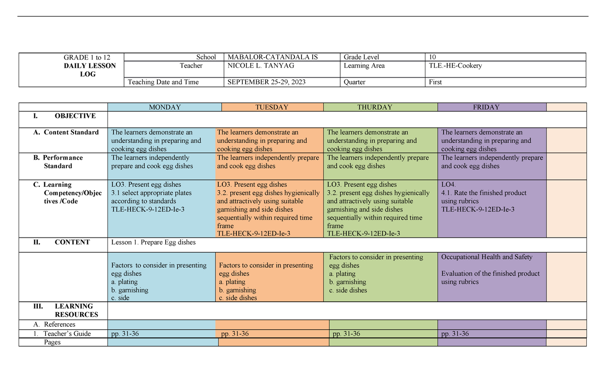 Cookery G10 TLE Lesson Plan: 1st Quarter, Week 5 on Egg Dishes - Studocu
