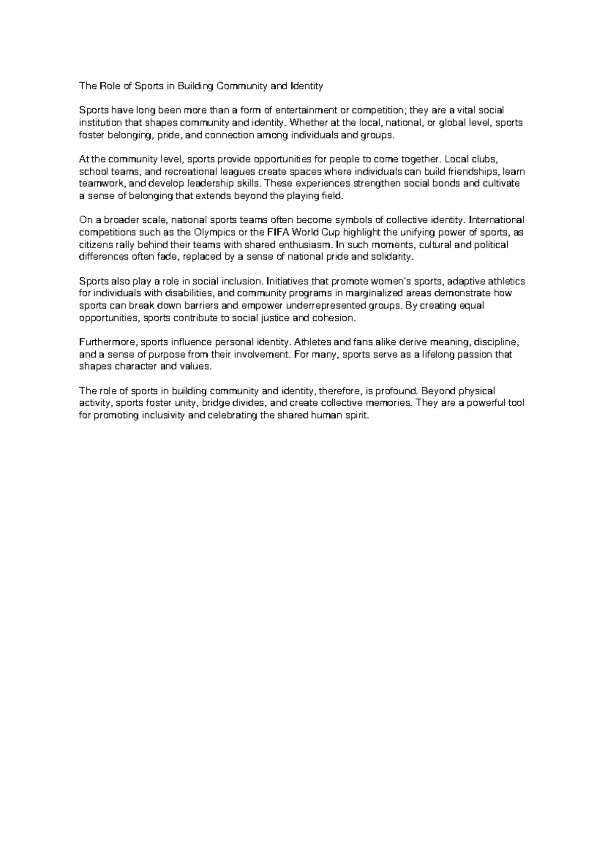 Essay 5: The Impact of Sports on Community & Identity - Studocu