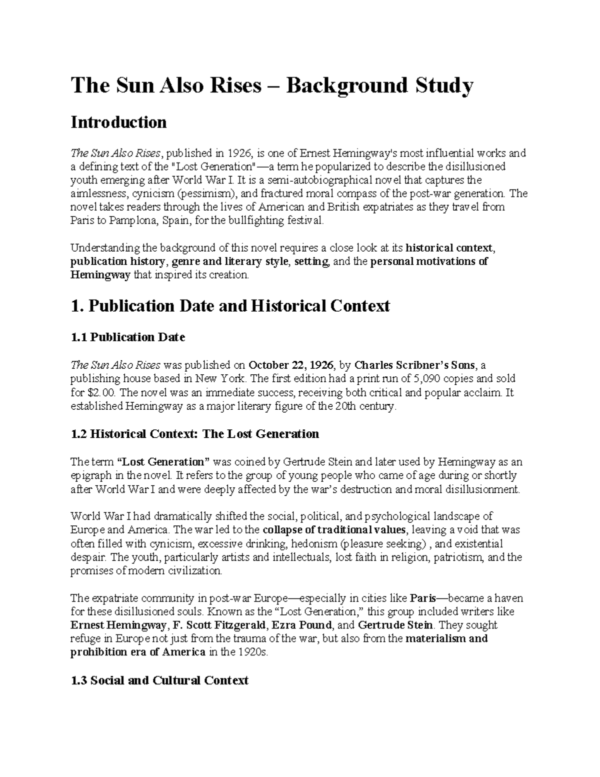 The Sun Also Rises (ENG 101) - Comprehensive Study Notes - Studocu