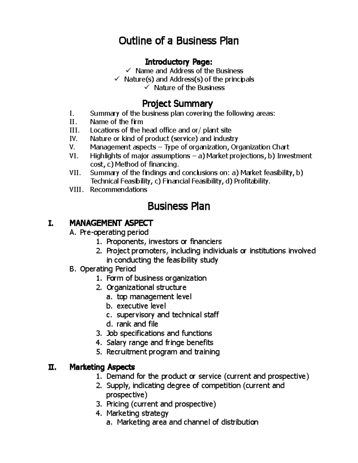 Outline of a Business Plan - Outline of a Business Plan Introductory ...
