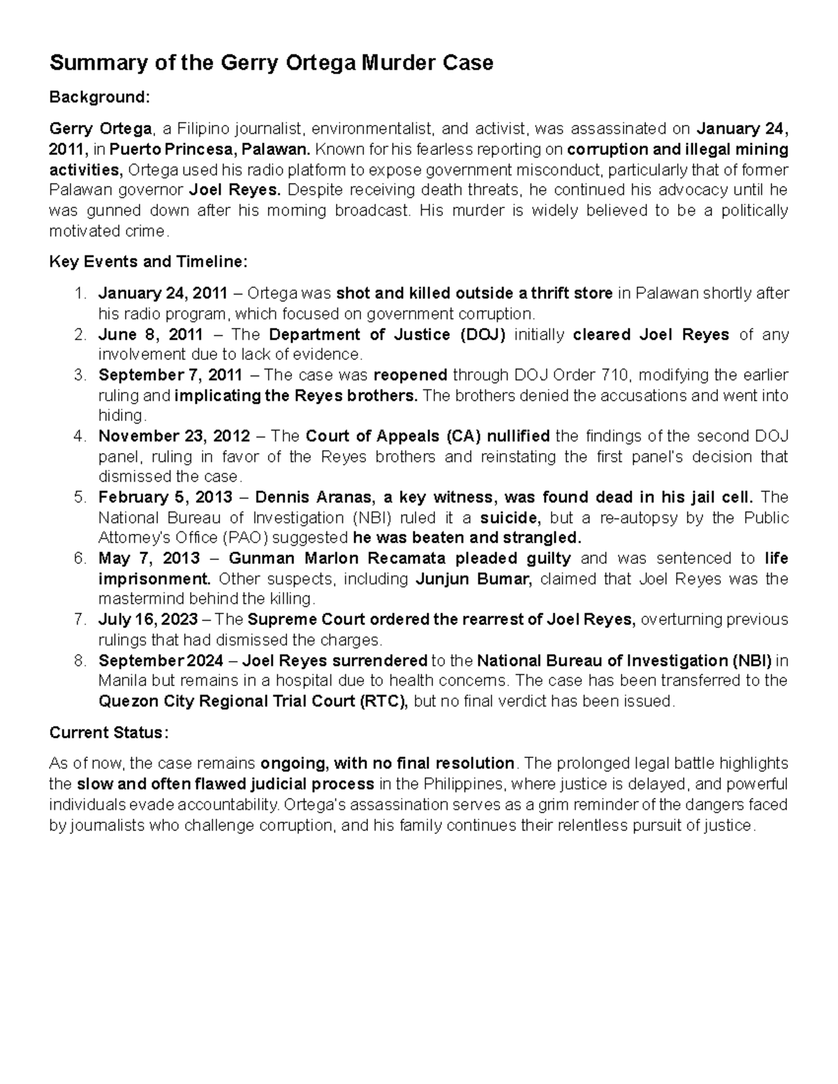 Rizal Case Summaries: Ortega, Ampatuan Massacre & Bantag Cases - Studocu