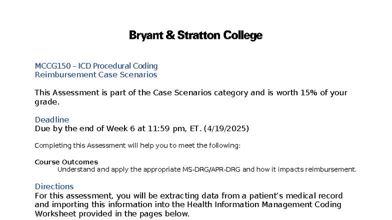 MCCG150 Reimbursement Case Scenarios for ICD Procedural Coding - Studocu