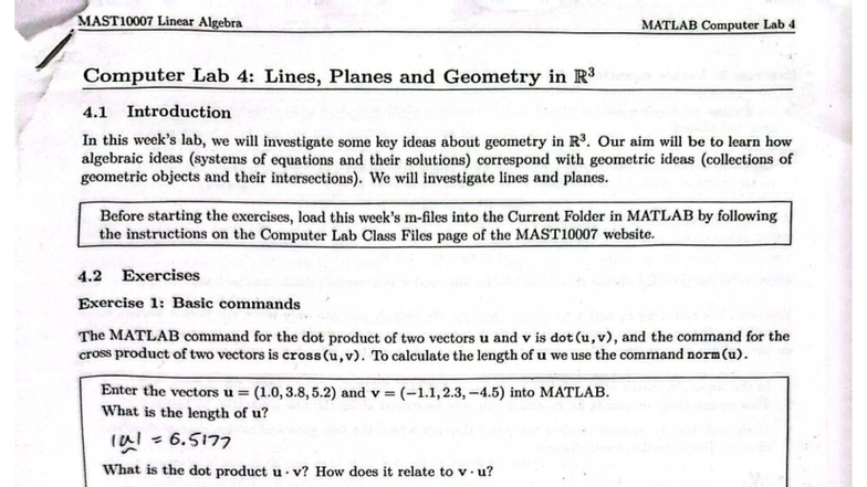 Linear Algebra (MATH101) Lab 4: Geometry in R³ with MATLAB - Studocu
