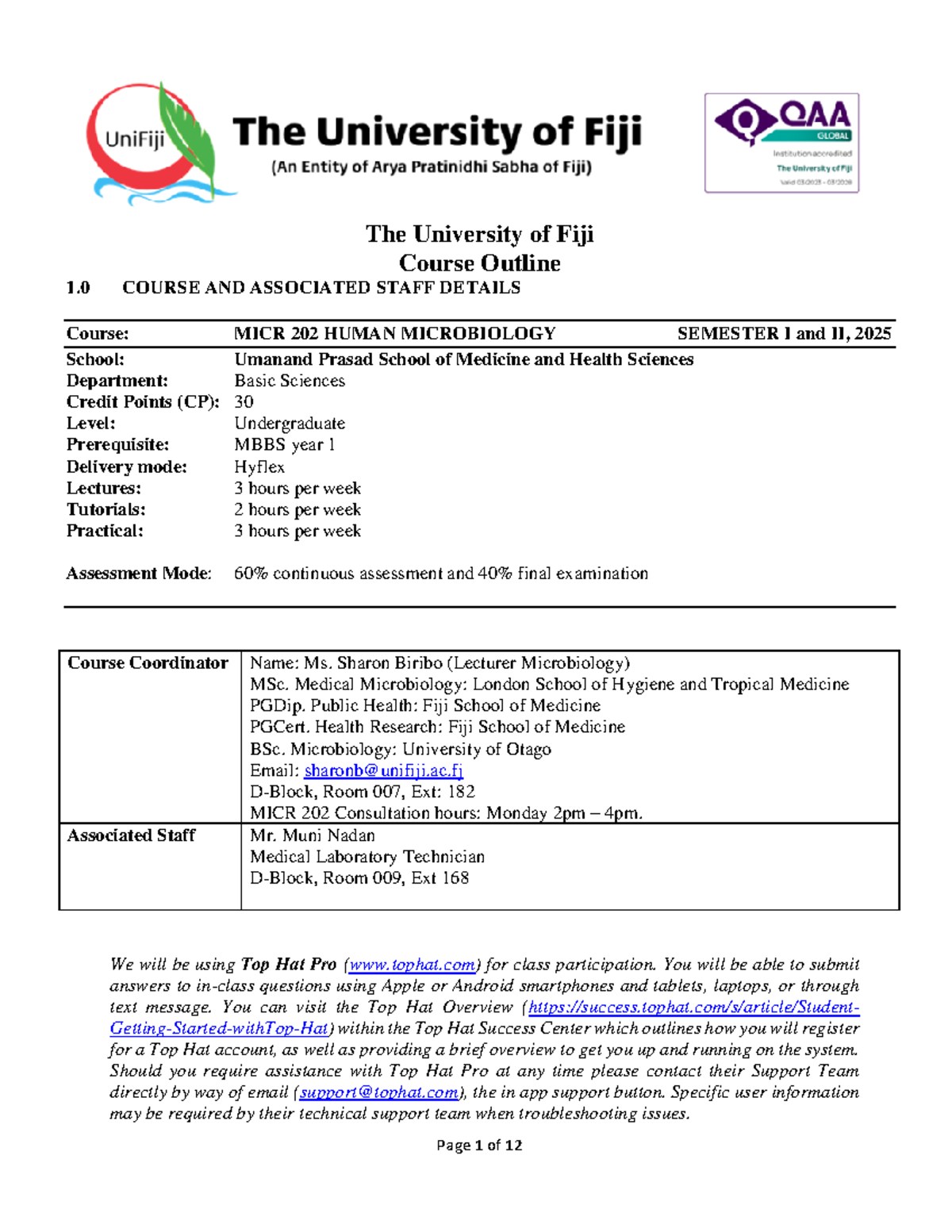 MICR 202 Human Microbiology Course Outline and Assessment Overview 2025 ...