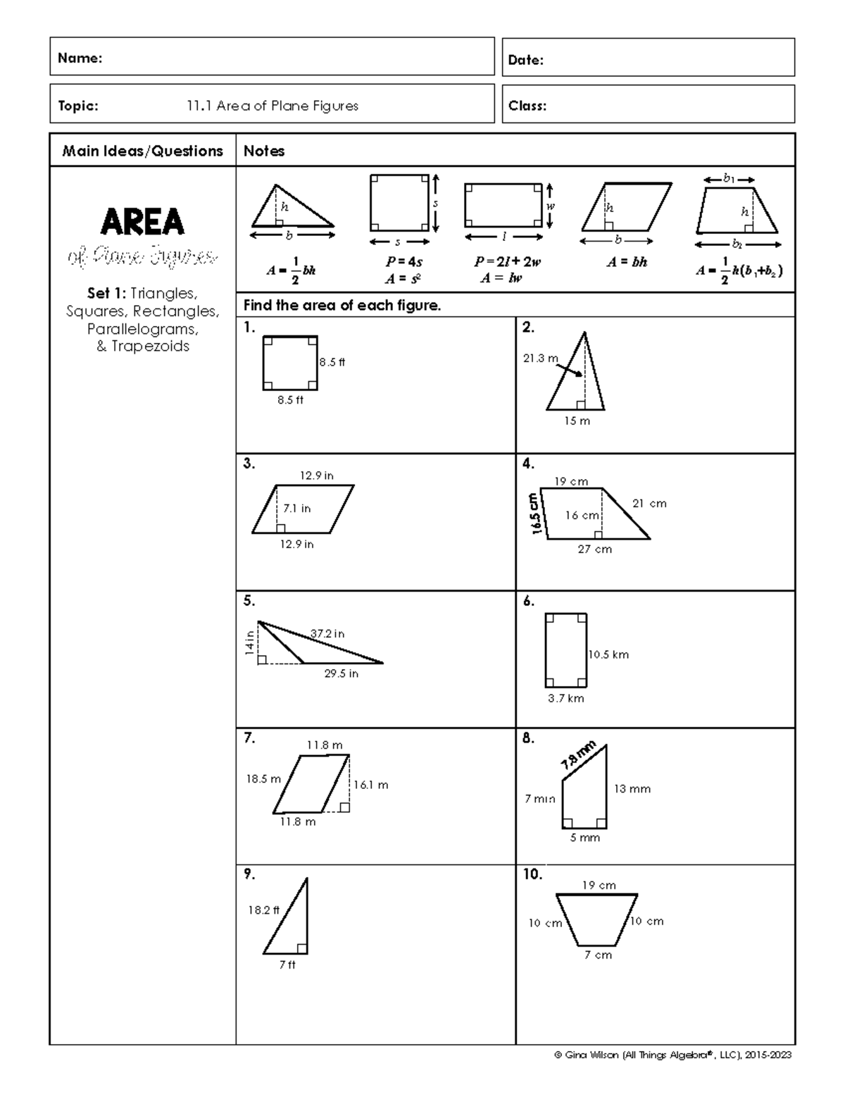 Unit 11 Notes Packet: Areas of Plane Figures, Circles, & Polygons - Studocu