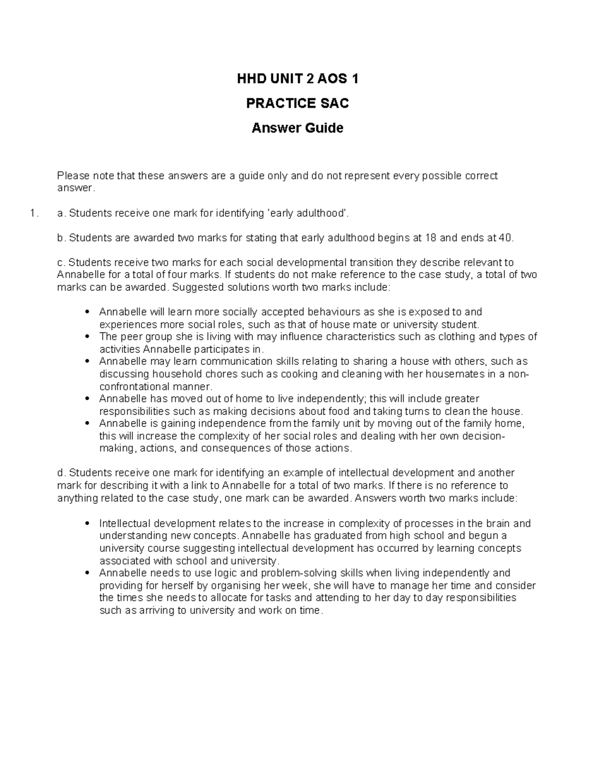HHD UNIT 2 AOS 1 PRACTICE SAC Answer Guide - Studocu