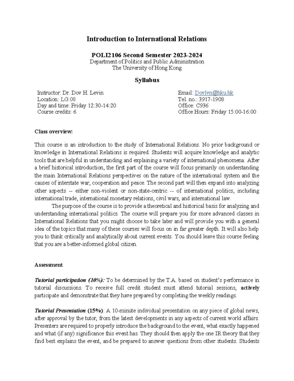 Introduction to International Relations syllabus 2024 - Introduction to ...